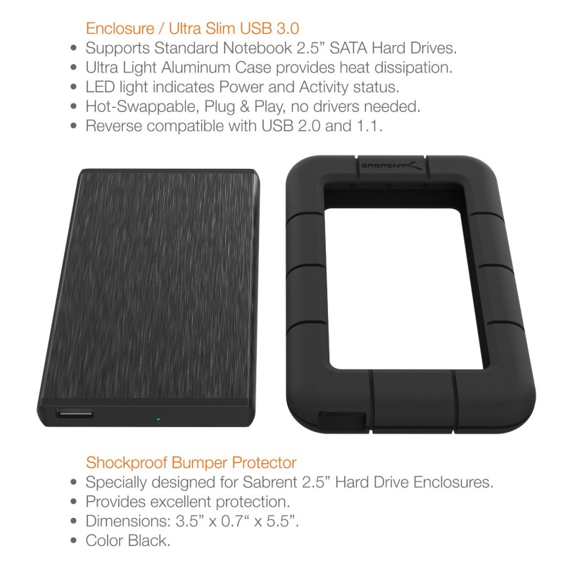 Sabrent USB 3.0 to SSD / 2.5" SATA External Shockproof Enclosure - UASP